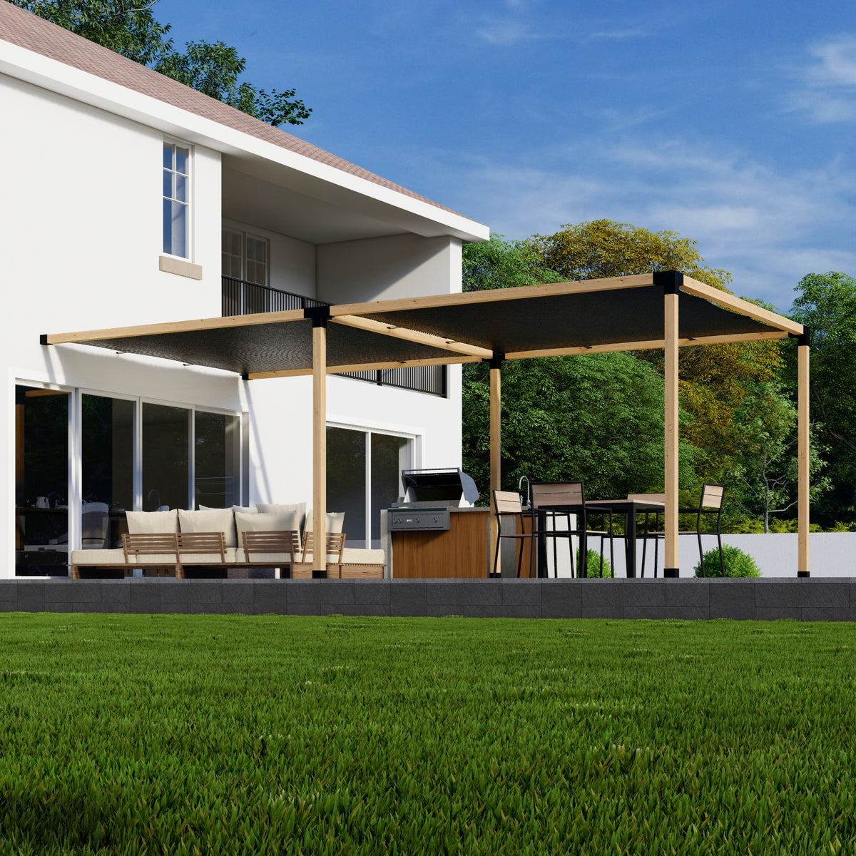 Wall-Mounted 12' x 24' Pergola with Shade Covers