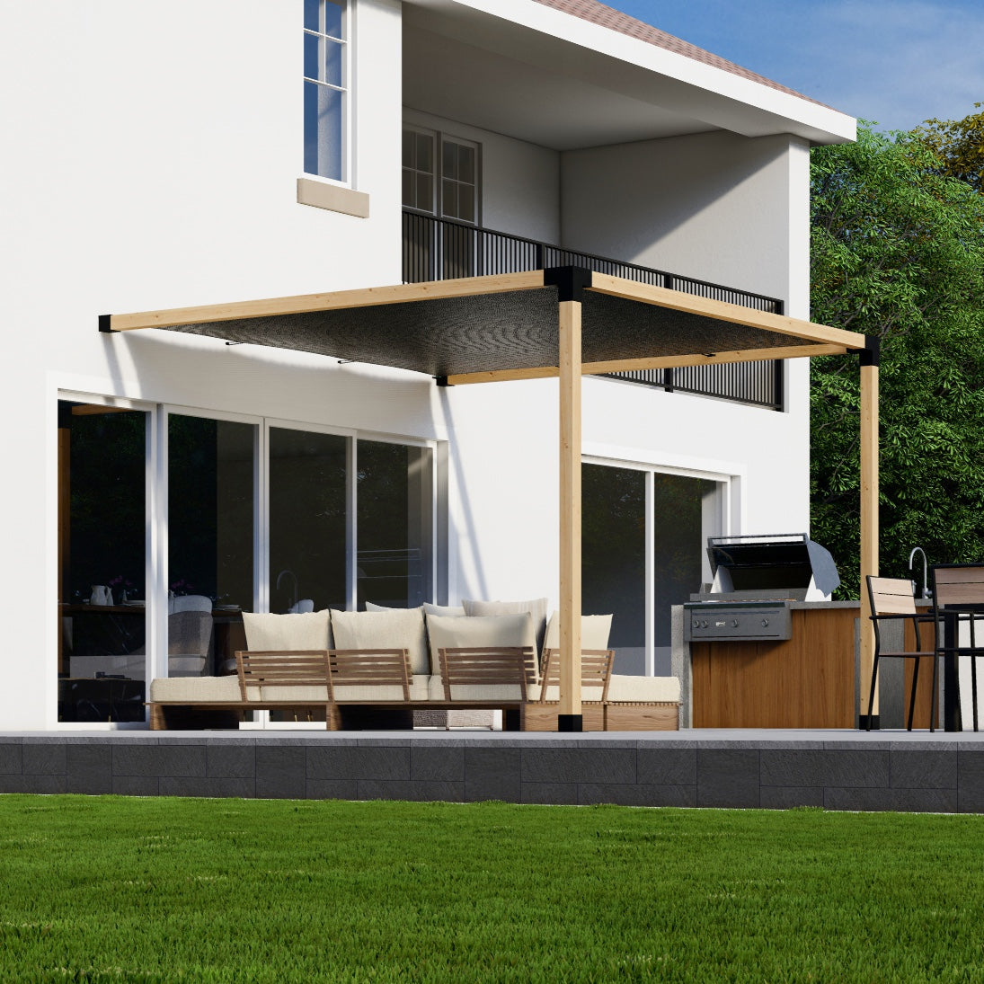 Wall-Mounted 8' x 10' Pergola with Shade Cover